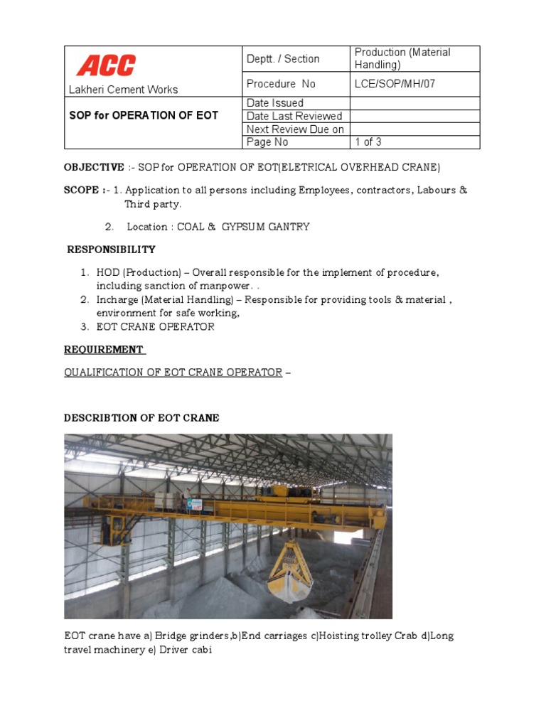 Sop For Operation of Eot | PDF | Crane (Machine) | Equipment
