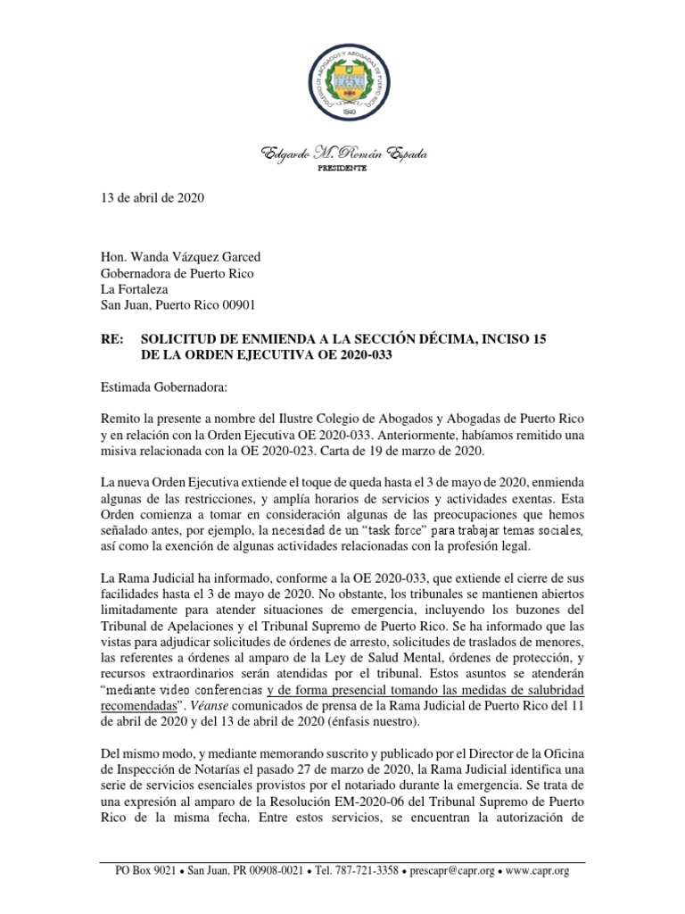 Solicitud de Enmienda A La Sección Décima, Inciso 15 de La Orden Ejecutiva Oe 2020-033 | PDF ...