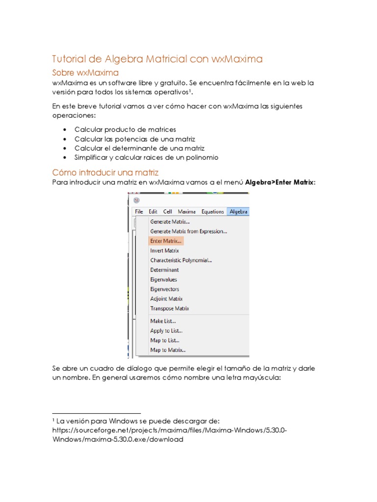 Tutorial para Potencia de Matrices en Wxmaxima 1.0 | PDF | Matriz (Matemáticas) | Multiplicación