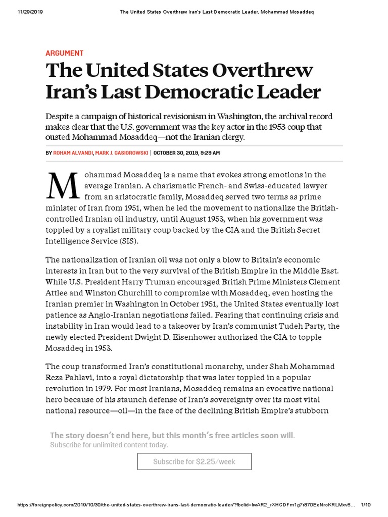 The United States Overthrew Iran's Last Democratic Leader, Mohammad ...