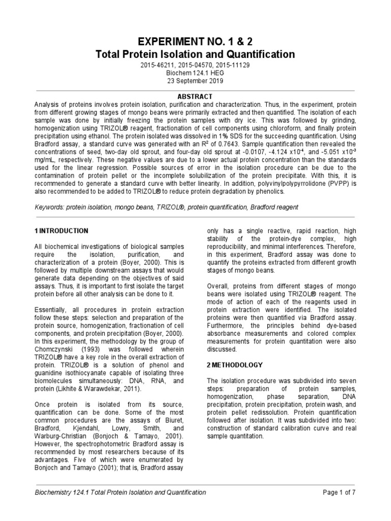 Experiment No. 1 & 2 Total Protein Isolation and Quantification | PDF ...