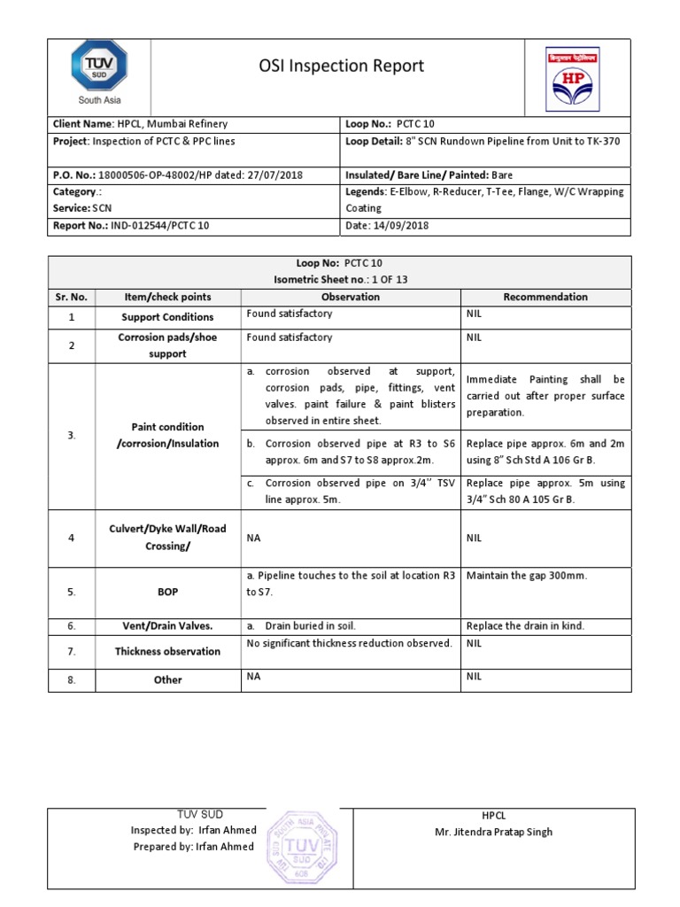 OSI Inspection Report: Tüv Süd | PDF | Pipe (Fluid Conveyance ...