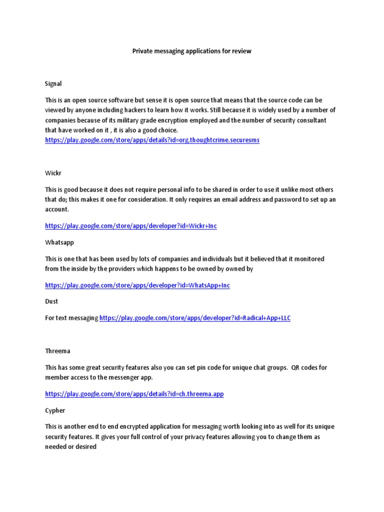 Private Messaging Applications For Review | PDF | Software | Cyberspace