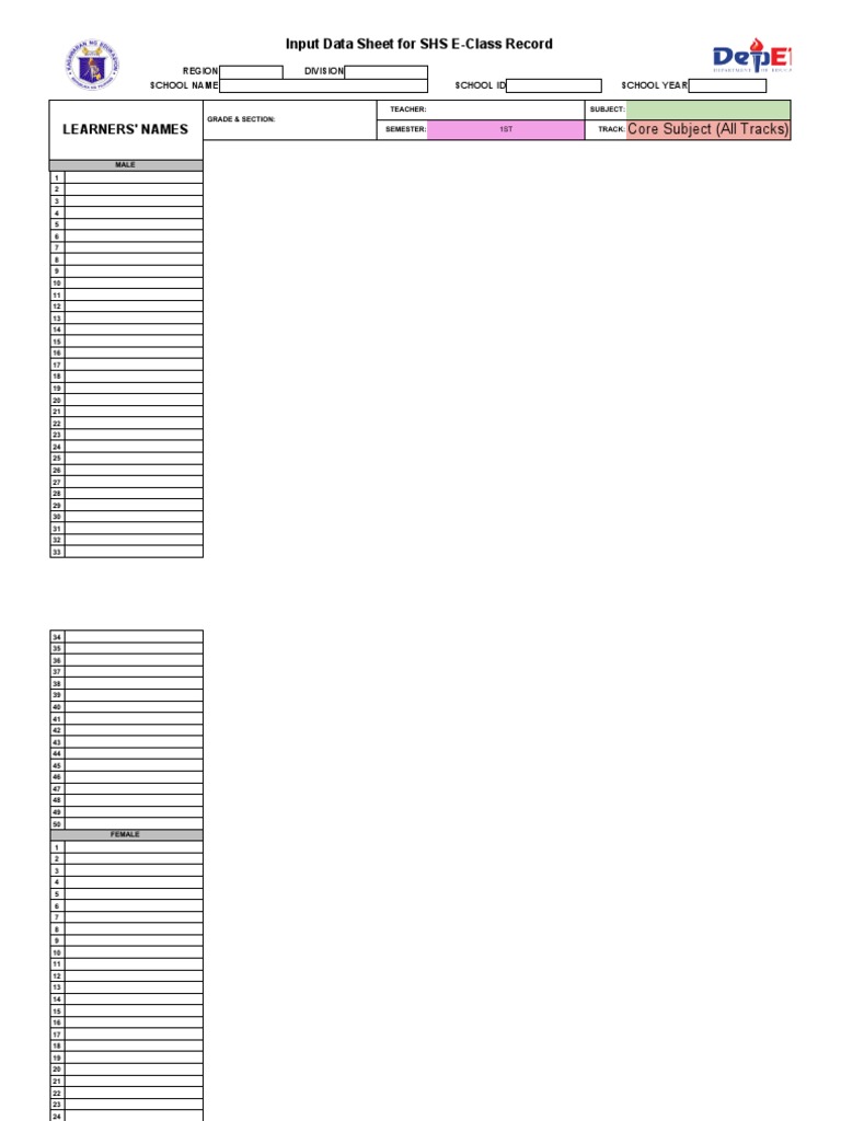 Input Data Sheet For SHS E-Class Record: Learners' Names | PDF