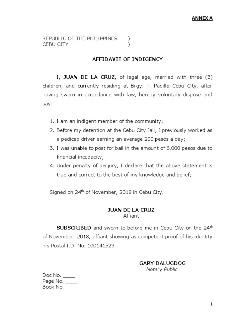 Affidavit of Indigency: Annex A | PDF