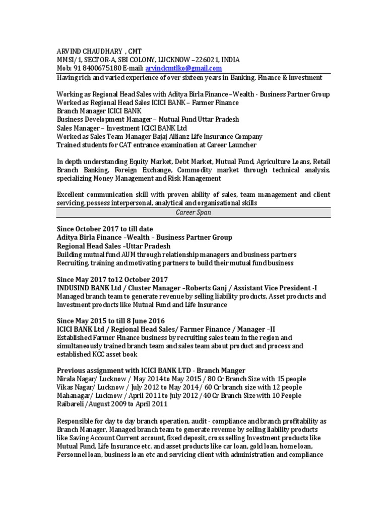 CV - Arvind Chaudhary PDF | PDF | Financial Adviser | Banks