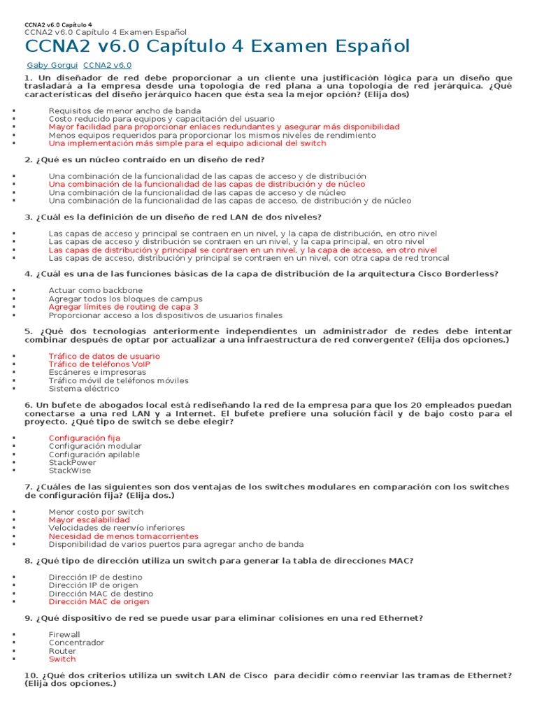 CCNA2 v6.0 Capítulo 4 Exam | PDF | Conmutador de red | Enrutador (Computación)