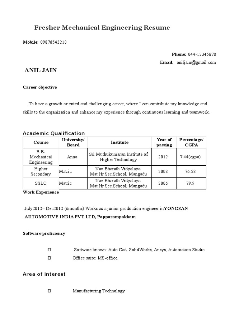 Fresher Mechanical Engineering Resume | PDF | Engineering | Mechanical ...