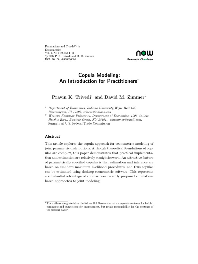 Copula Modeling: An Introduction For Practitioners: Pravin K. Trivedi and David M. Zimmer | PDF ...