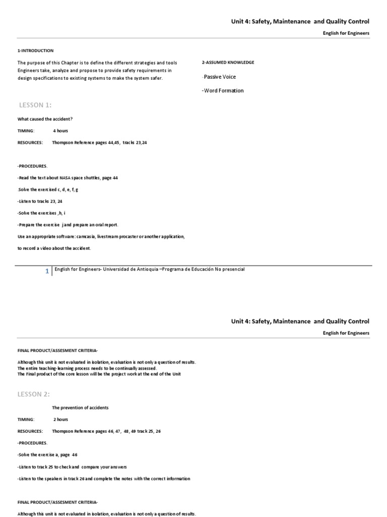Lesson 1:: Unit 4: Safety, Maintenance and Quality Control | PDF ...