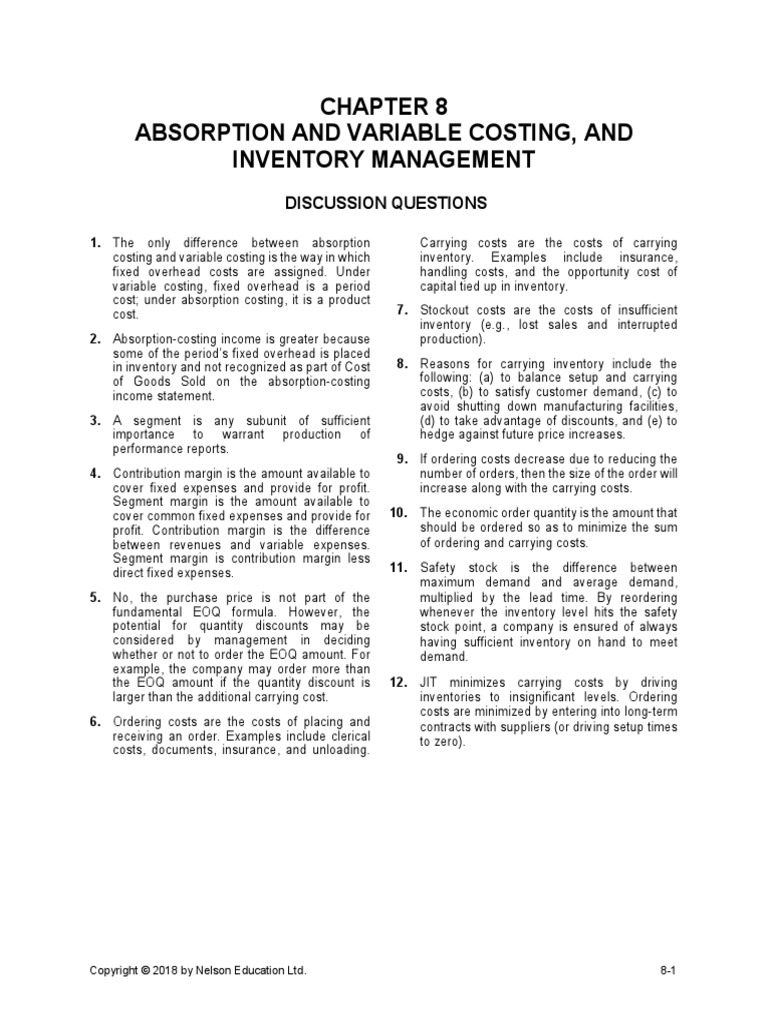 Absorption and Variable Costing, and Inventory Management: Discussion ...