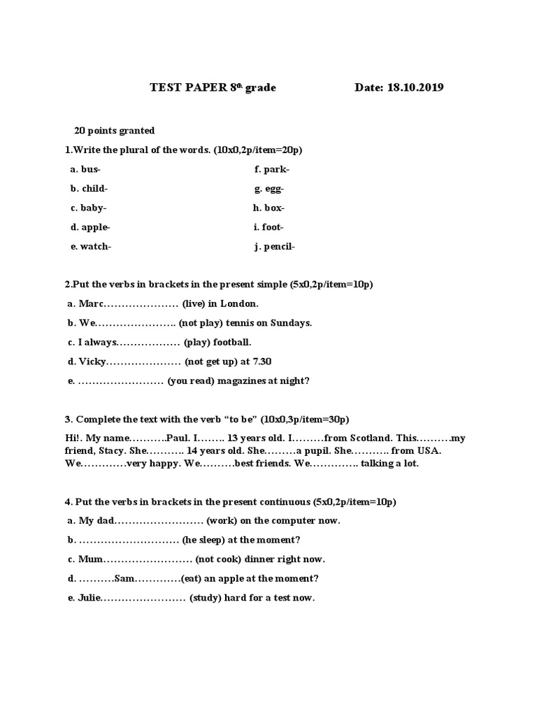 TEST PAPER 8th Grade Date | PDF | Language Arts & Discipline