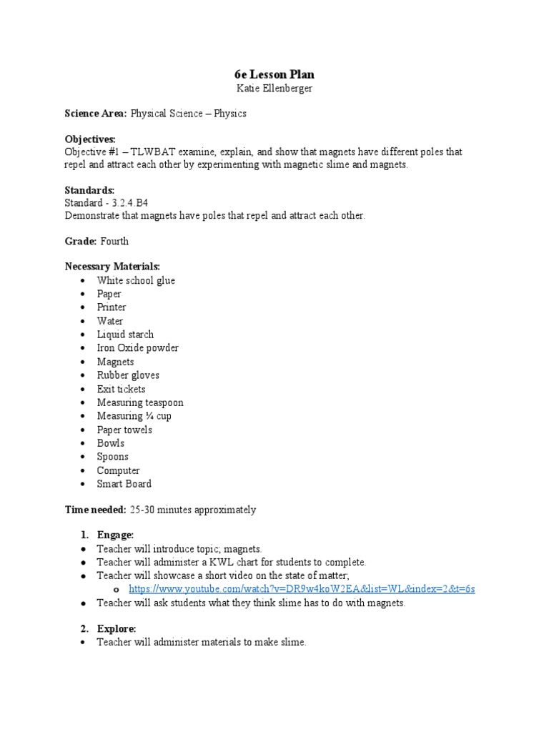 6e Lesson Plan - Science | PDF | Magnetism | Learning