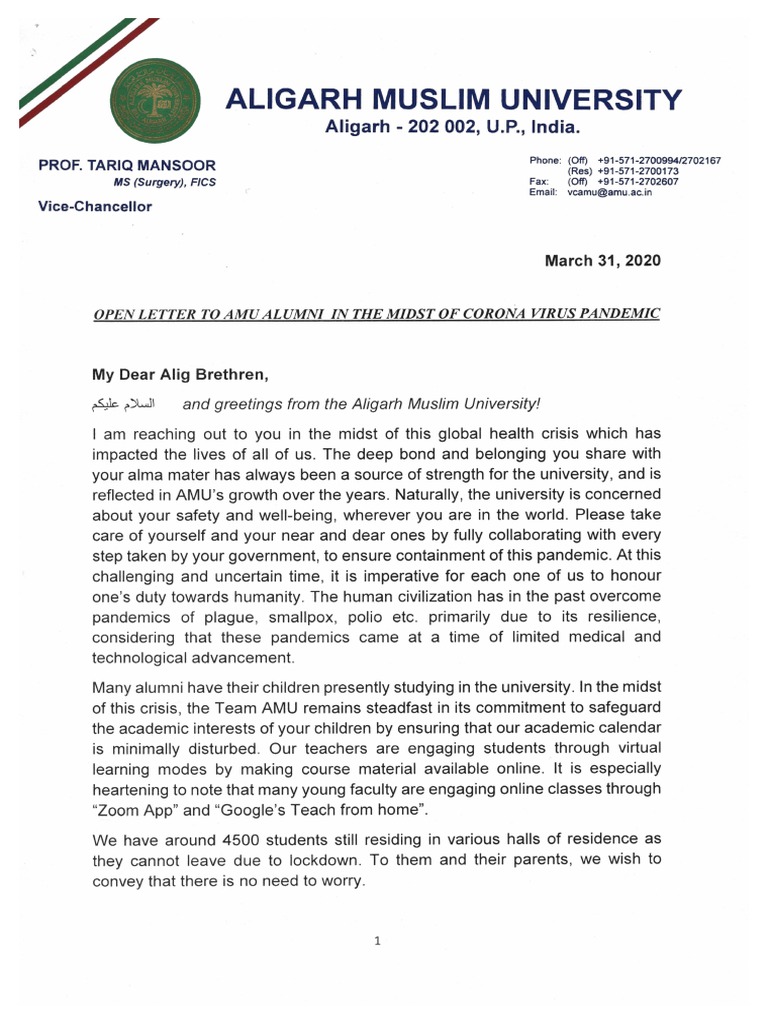 Letter by AMU VC To Alumni in The Midst of Coronavirus PDF | PDF