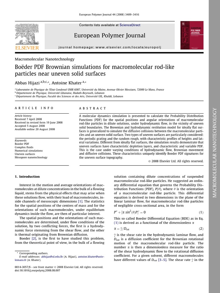 European Polymer Journal: Abbas Hijazi, Antoine Khater | PDF | Brownian ...