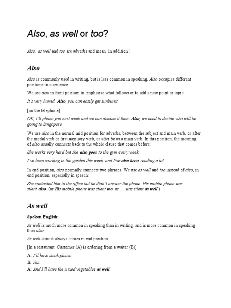 Also, As Well or Too | PDF | Verb | Linguistics