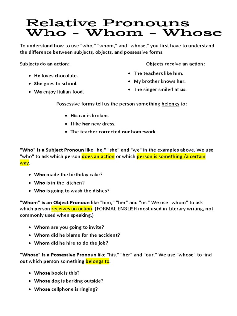 Relative Pronouns Who Whom Whose Grammar Drills 52200 | PDF | Syntax ...
