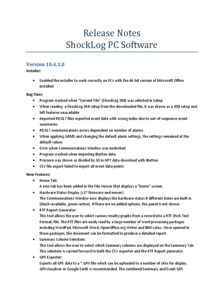 Release Notes Shocklog PC Software: Installer | PDF | Software | System ...