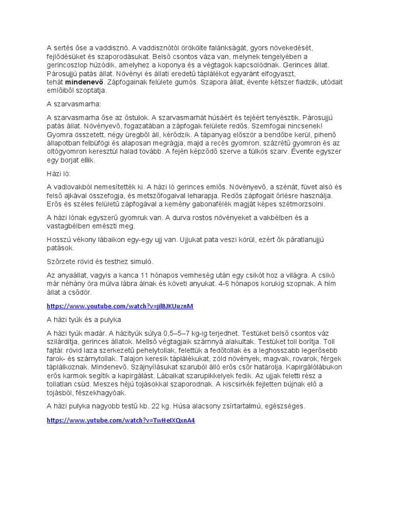 A Sertés, Szarvasmarha Természetismeret 5.o | PDF