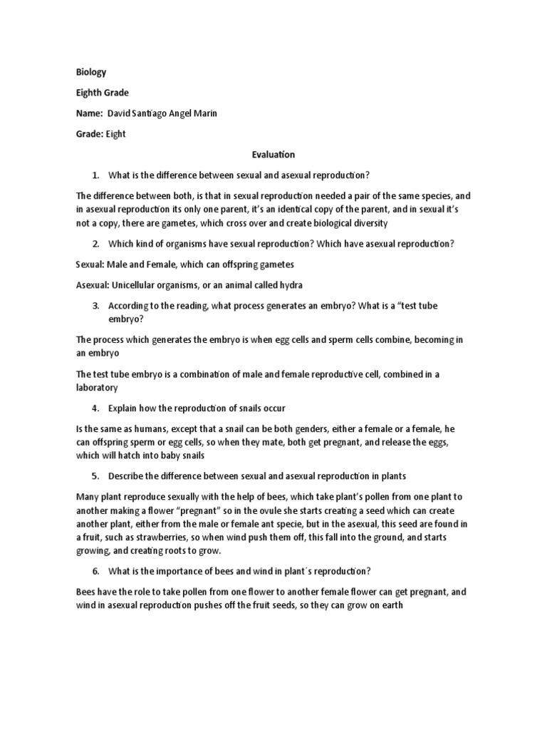 Reproduction Exam Eighth Grade | PDF | Sexual Reproduction | Reproduction