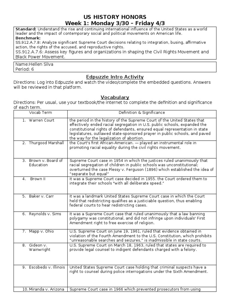 USH - Week One Elearning 2020 | PDF | Loving V. Virginia | Brown V ...
