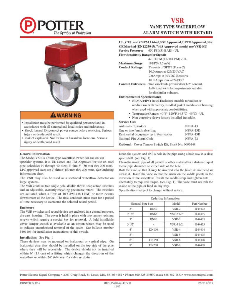 Potter VSR Flow Switches | PDF | Switch | Fire Sprinkler System