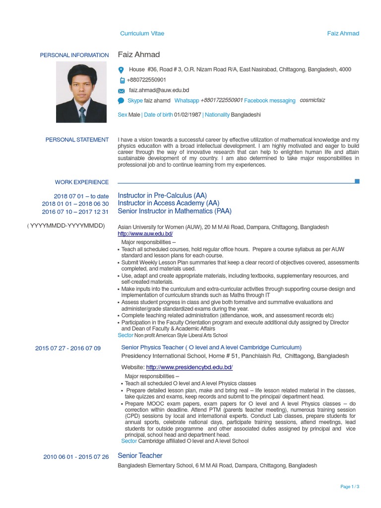 4 CV of Faiz Ahmad FA Final PDF | PDF | Physics | Curriculum