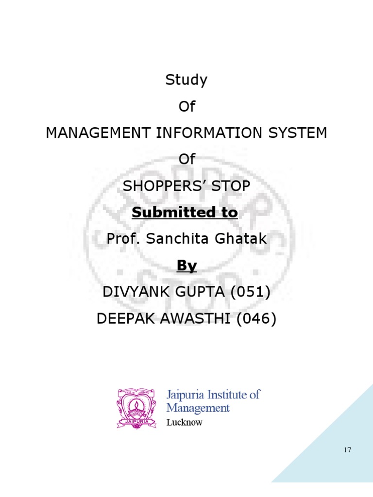Study of Management Information System of Shoppers' Stop Submitted To ...