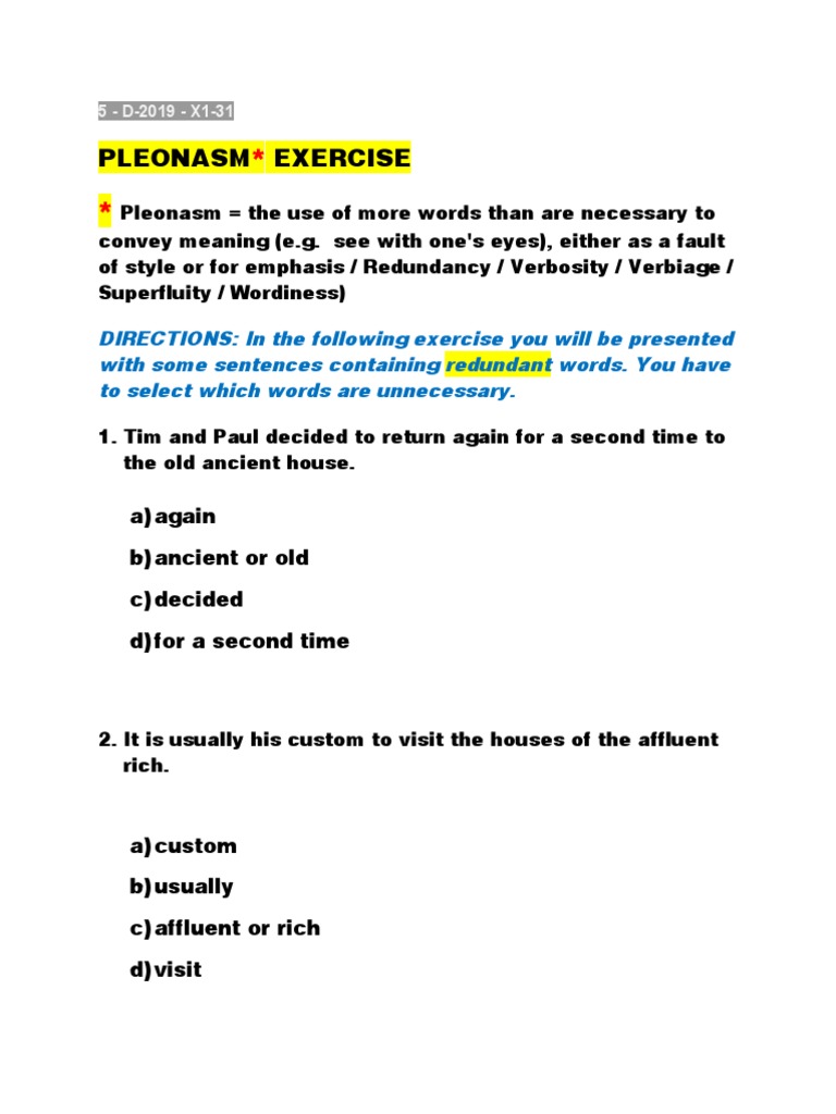 Pleonasm Exercise | PDF
