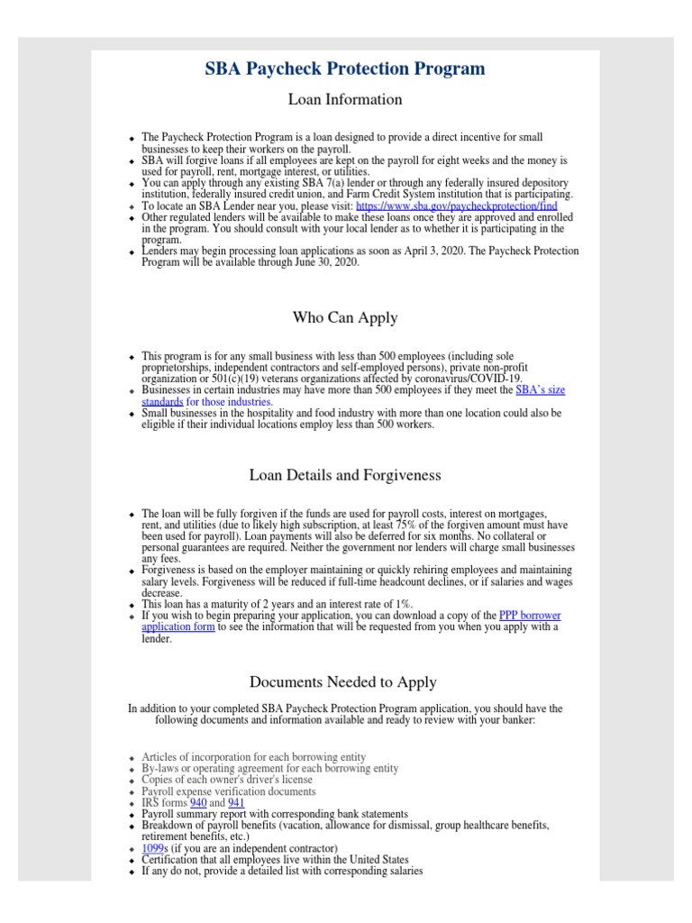 SBA Paycheck Protection Program | PDF | Paycheck | Sole Proprietorship