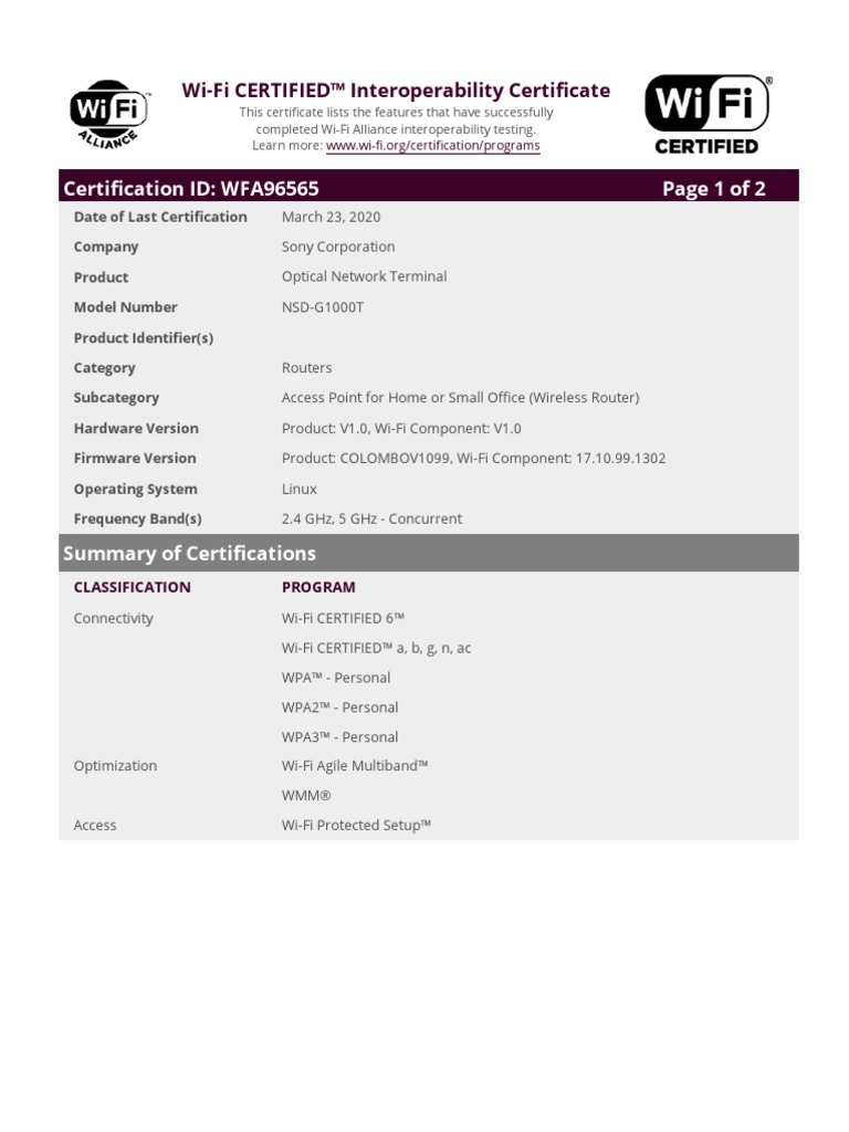 Wi-Fi CERTIFIED™ Interoperability Certificate: Page 1 of 2 ...
