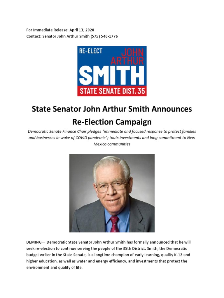 RELEASE State Senator John Arthur Smith Announces Re-Election Campaign ...
