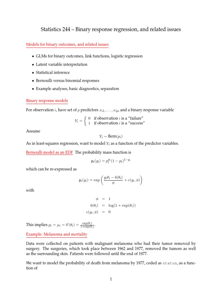 Statistics 244 - Binary Response Regression, and Related Issues | PDF | Logistic Regression ...
