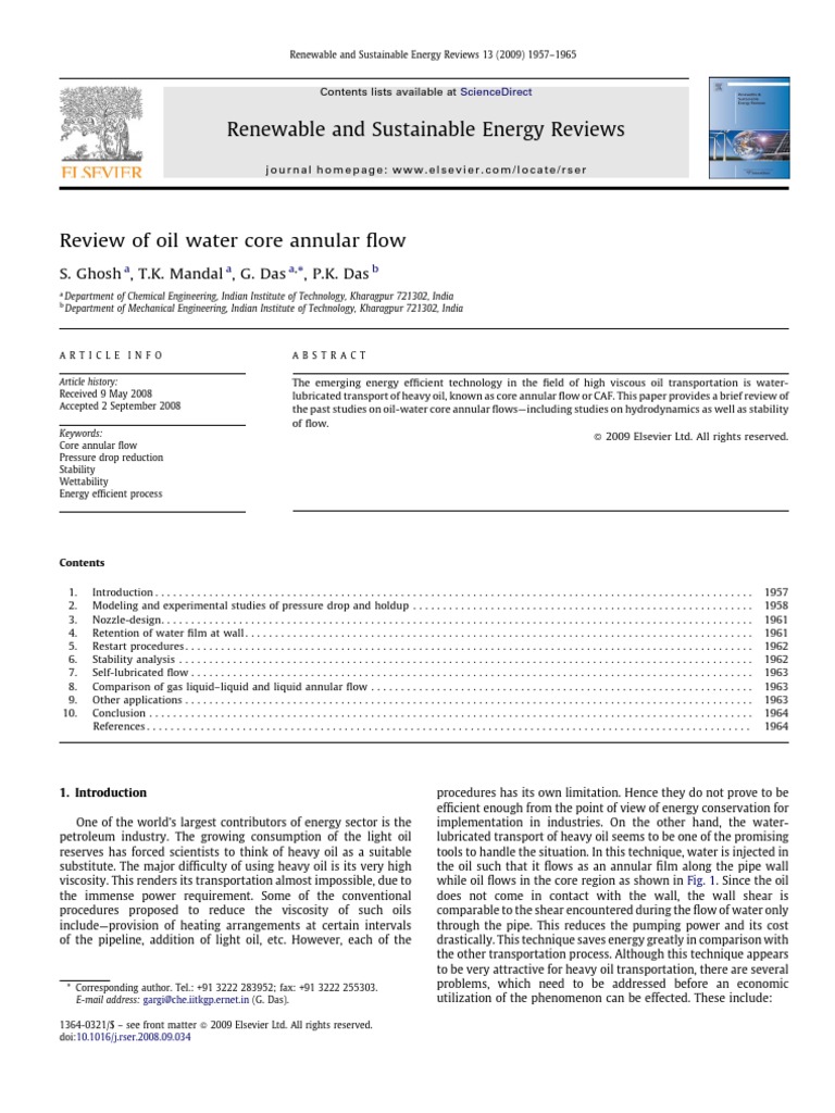 Ghosh Et Al. - 2009 - Review of Oil Water Core Annular Flow | PDF | Fluid Dynamics | Viscosity