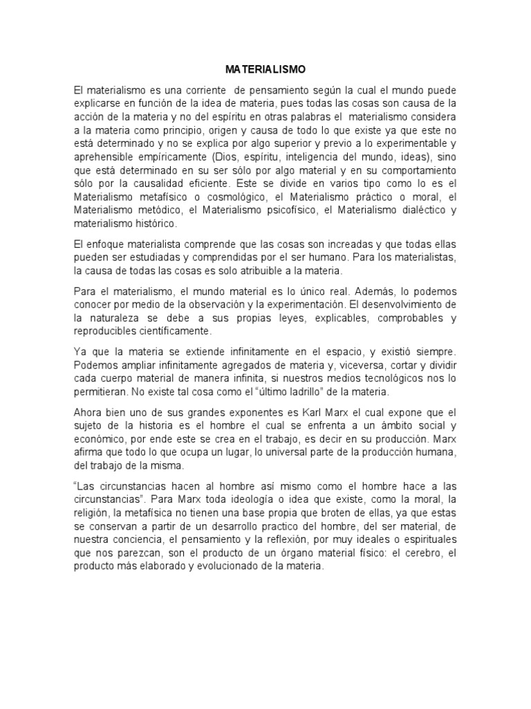 MATERIALISMO - Trabajo de Epistemologia-Maria Paula Muñoz - Programa de Derecho 1°semestre | PDF ...