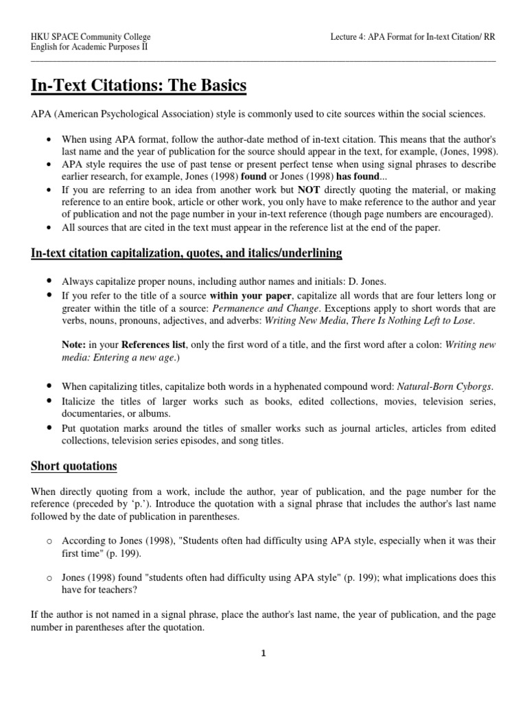 In-Text Citations: The Basics: In-Text Citation Capitalization, Quotes ...