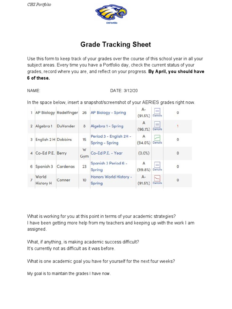 Grade Tracking Sheet 6 | PDF