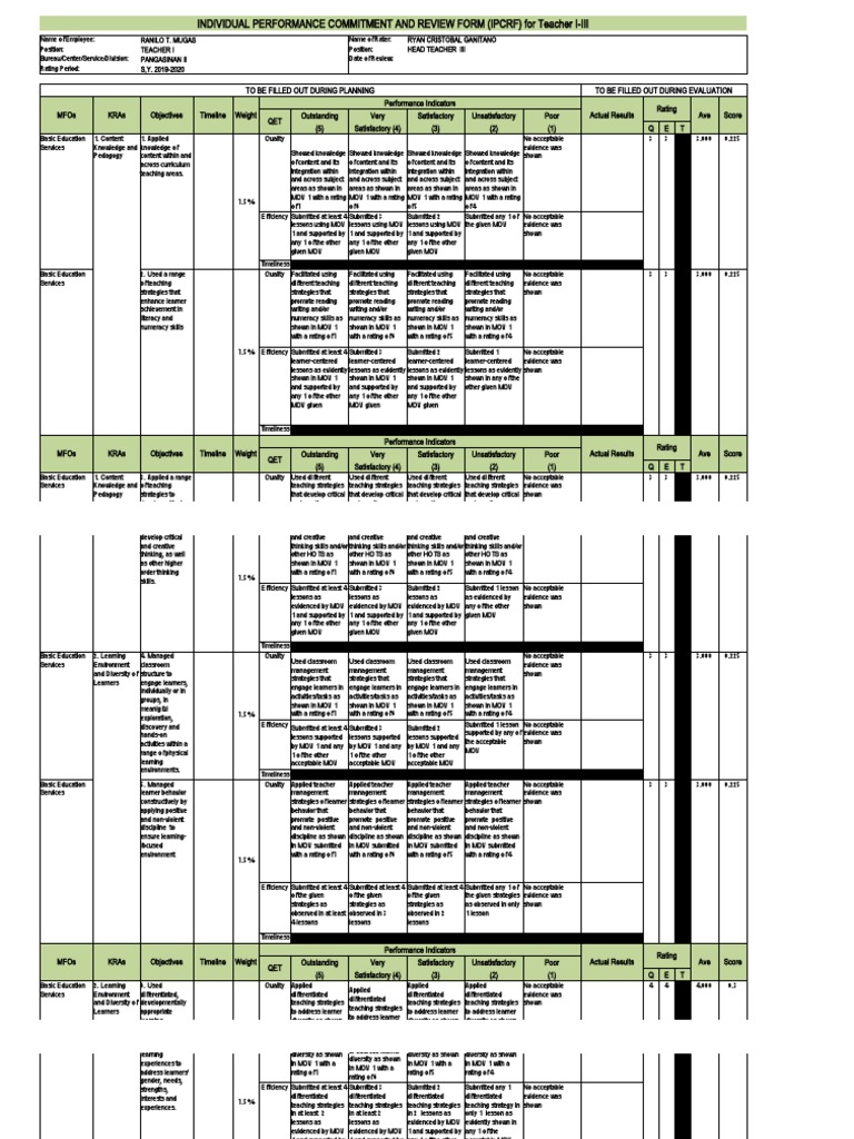 Individual Performance Commitment and Review Form (Ipcrf) For Teacher I ...