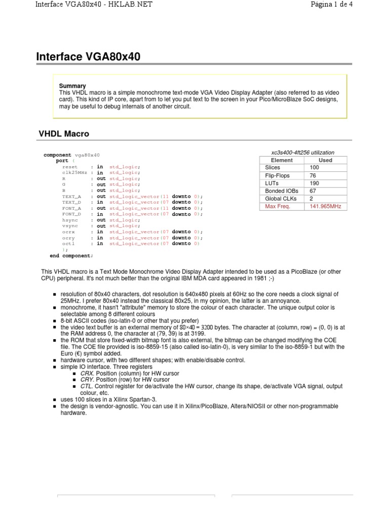 Interface VGA80x40: VHDL Macro | PDF | Field Programmable Gate Array | Input/Output