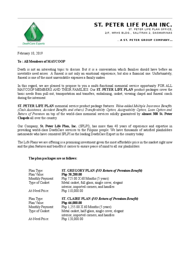 ST Peter Life Plan | PDF | Funeral | Insurance