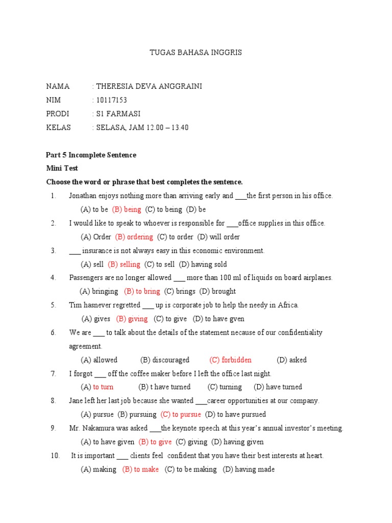 Part 5 Incomplete Sentence Mini Test: Choose The Word or Phrase That ...