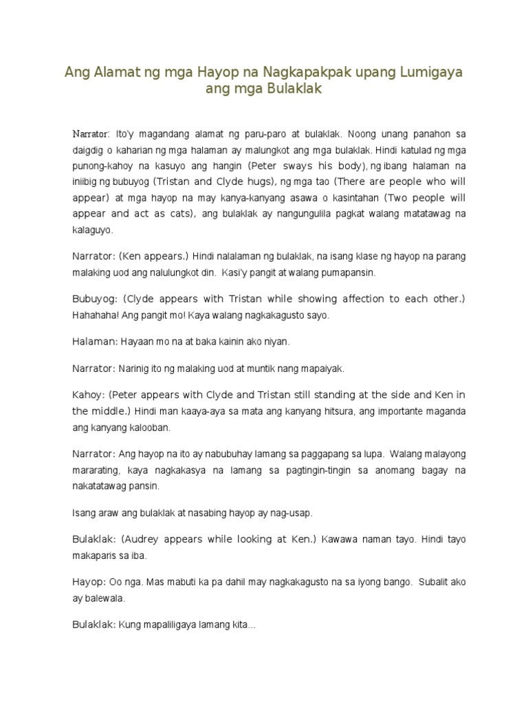 Ang Alamat NG Mga Hayop Na Nagkapakpak Upang Lumigaya Ang Mga Bulaklak | PDF