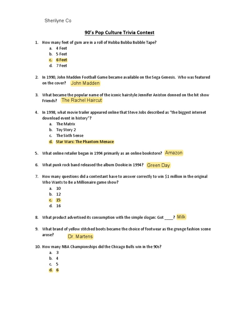 90's Pop Culture Trivia PDF | PDF | Leisure