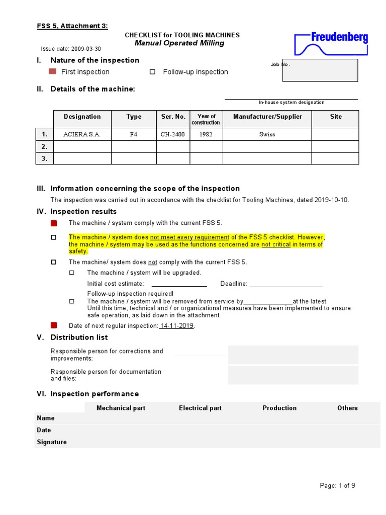 Tooling Machines Inspection Checklist | PDF | Machines | Fires