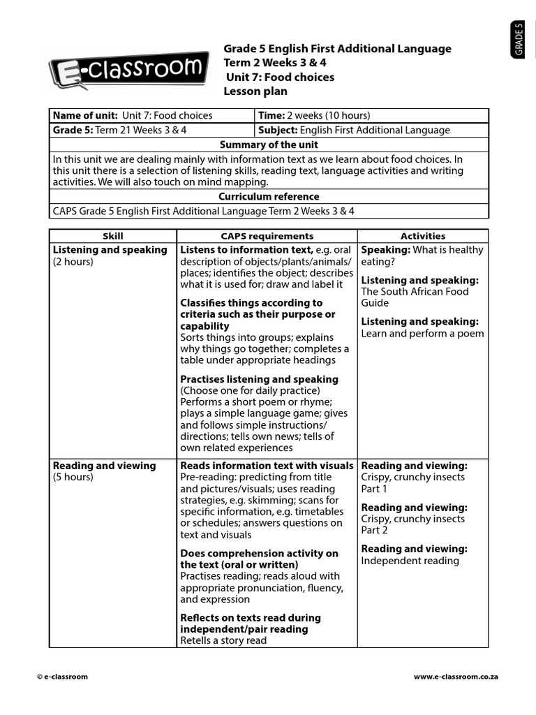 Grade 2 (SA) - Lesson Plan Week 3-4 | PDF | Reading Comprehension | Foods