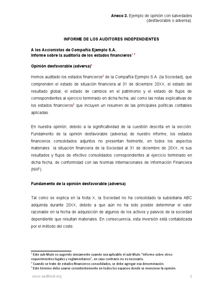 Anexo 3 Ejemplo o Modelo de Opinion Con Salvedades (Adversa o Desfavorble o Negativa, NIA 705 ...