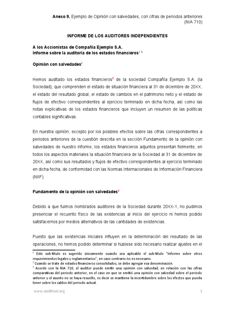 Anexo 9 Ejemplo o Modelo de Opinion Salvedades, Con Cifras de Periodos Anteriores (NIA 710 ...