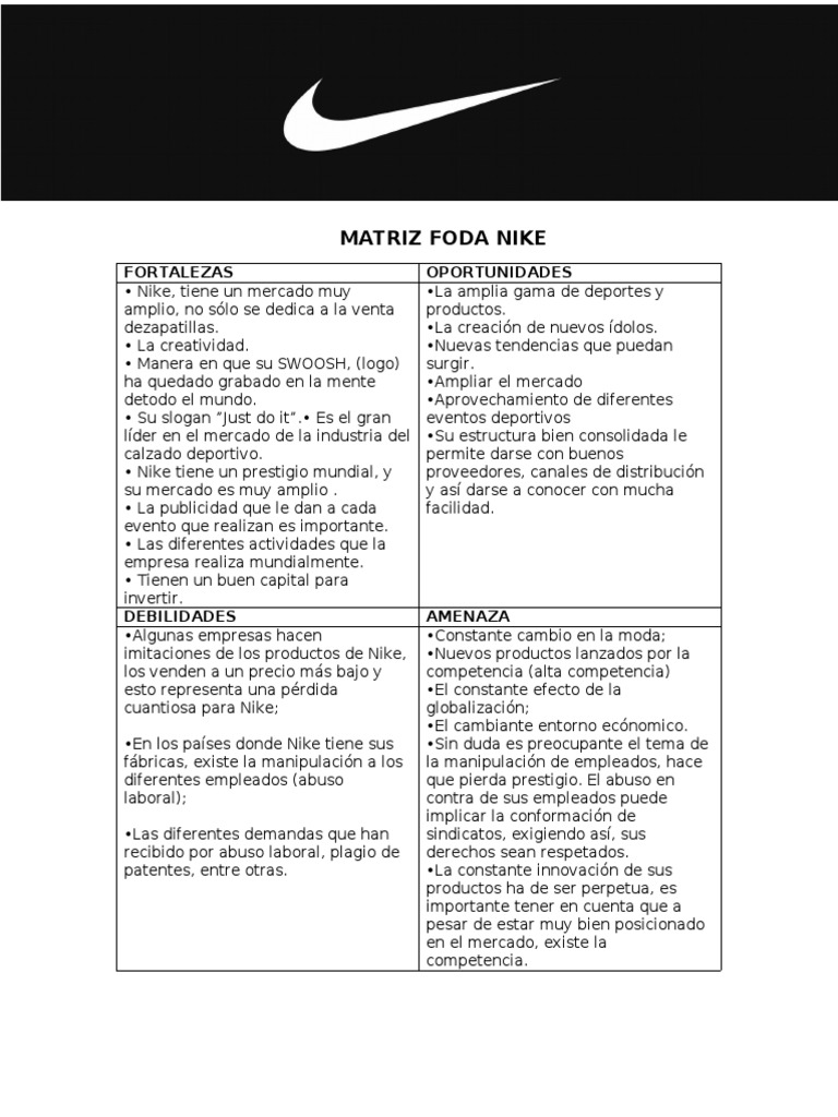 Matriz Foda Nike Nike Análisis Foda