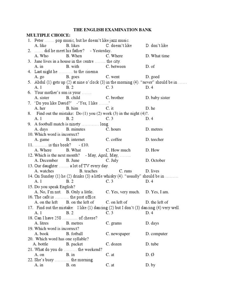 The English Examination Bank Multiple Choice | PDF