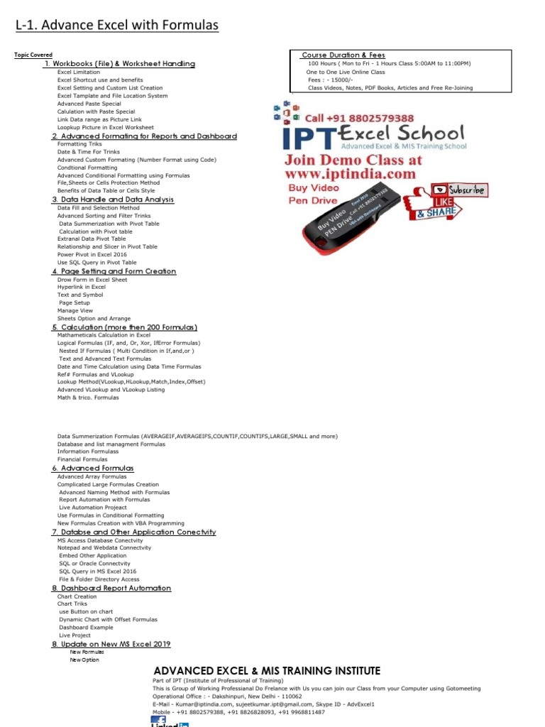 L-1. Advance Excel With Formulas: Course Duration & Fees 1. Workbooks ...